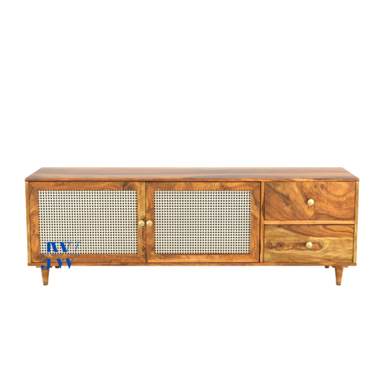2-Doors Rustic TV Cabinet with Cane Panels for Modern Homes - Jodhpur Wood